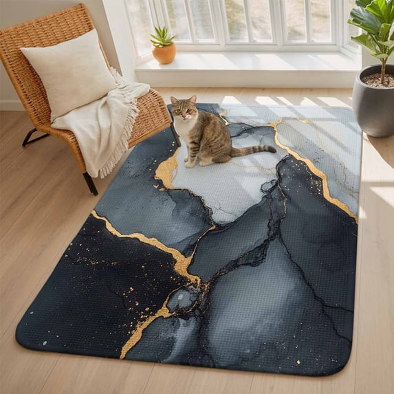 Abstract Marble Texture Area Rugs for Living Room 5x7, Gold Crack Black ...