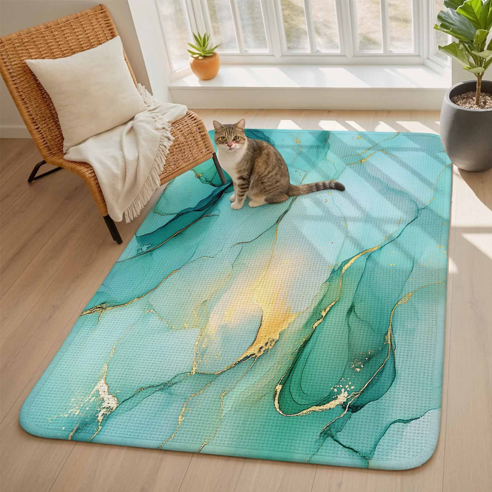 Abstract Marble Texture Area Rugs for Living Room 5x7, Gold Crack Teal ...