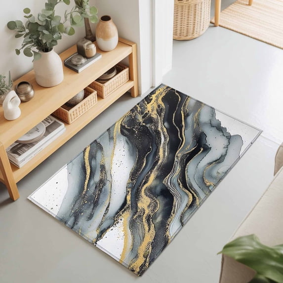 Abstract Marble Texture Art Rectangle Rug 2'x3' Black Grey Gold Line ...