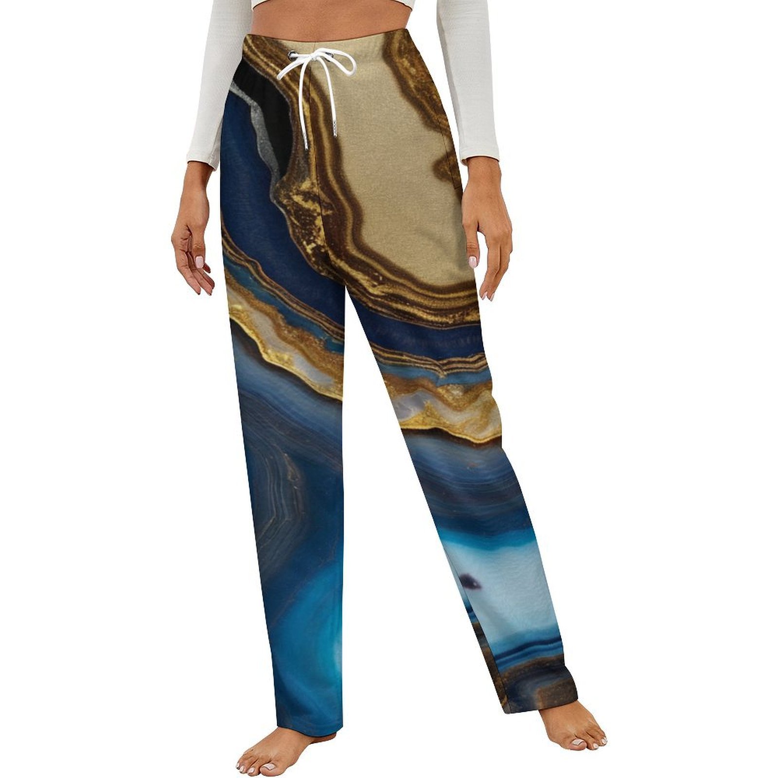 Abstract Marble Texture Art Winter Female Pants Flannel High Waist ...