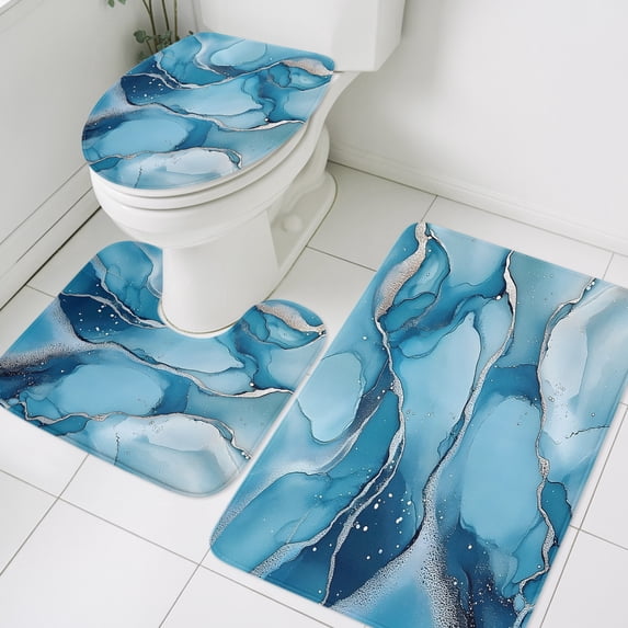Abstract Marble Texture Bathroom Rugs Set Blue Gary Water Ripple Non ...