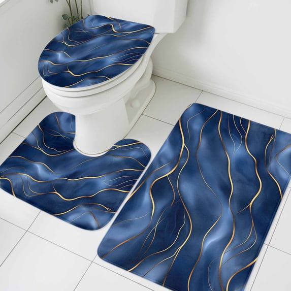 Abstract Marble Texture Bathroom Rugs Set Blue Gold Wave Art Non Slip ...