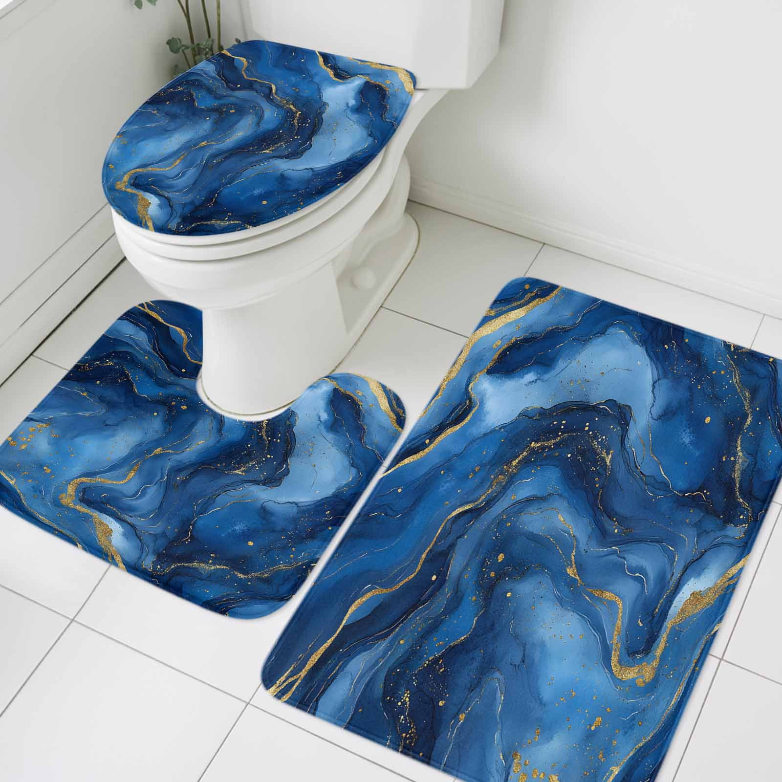 Abstract Marble Texture Bathroom Rugs Set Blue Gold Wave Gradient Art ...