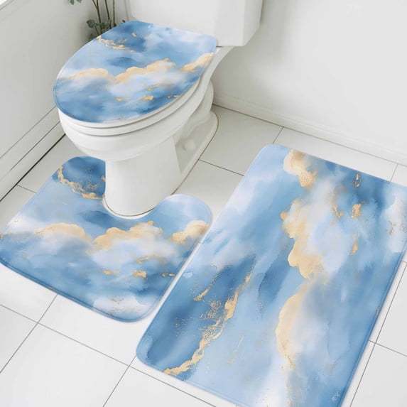 Abstract Marble Texture Bathroom Rugs Set Blue Golden Gradient Non Slip ...