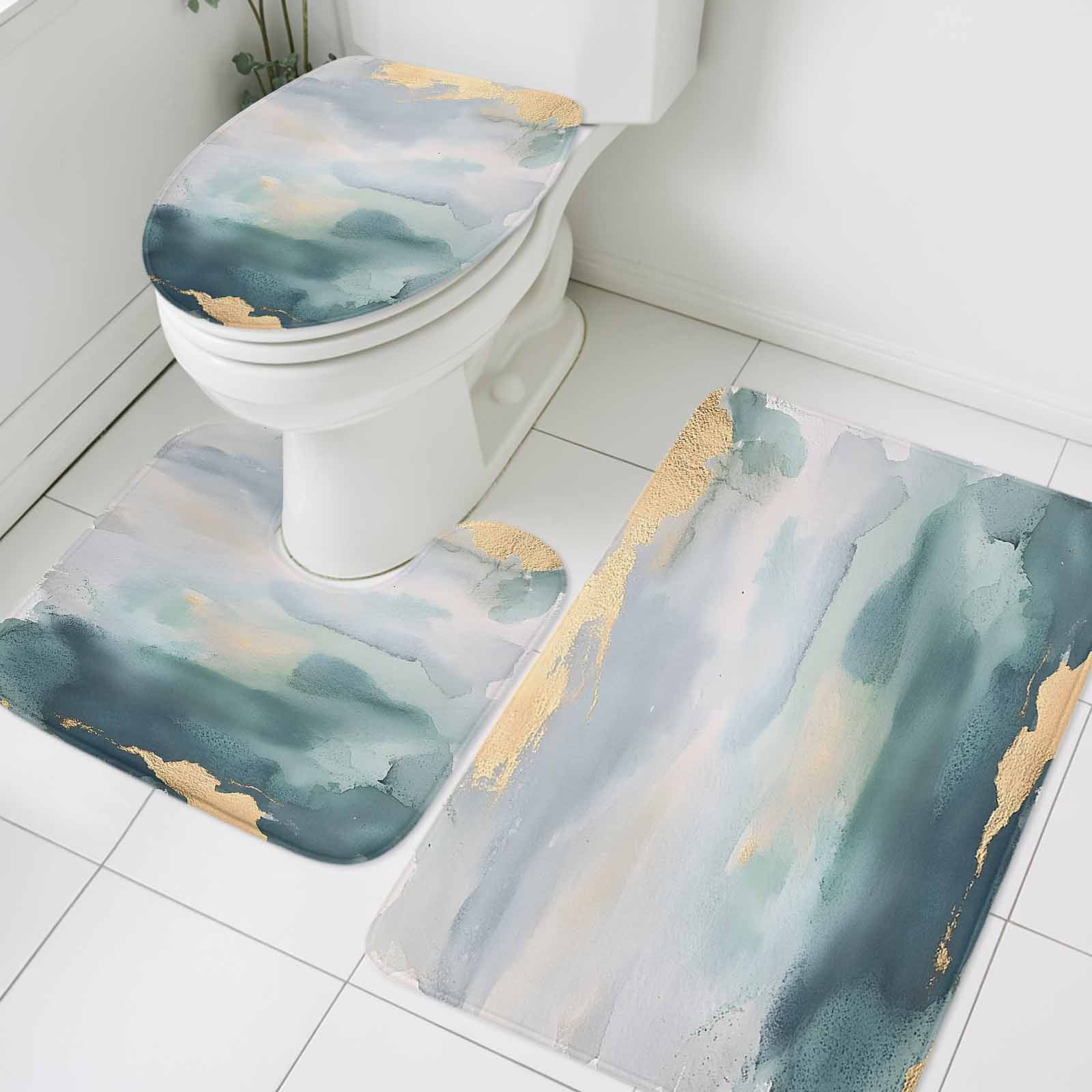 Abstract Marble Texture Bathroom Rugs Set Golden Green Graffiti Art Non ...