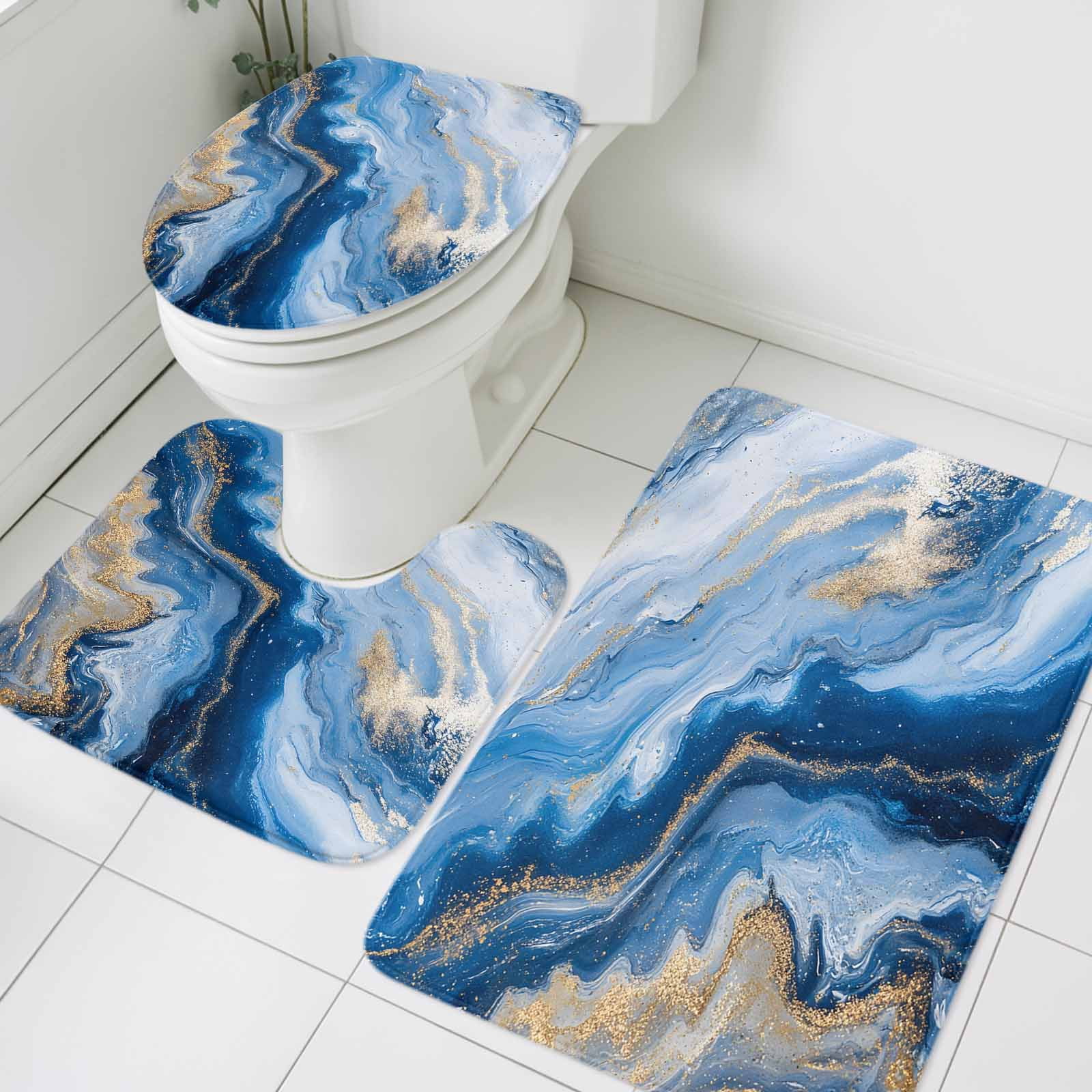 Abstract Marble Texture Bathroom Rugs Set Gradient Waves Blue Gold Art ...