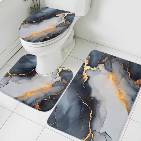 Abstract Marble Texture Bathroom Rugs Set Gray Black Gradient Gold ...