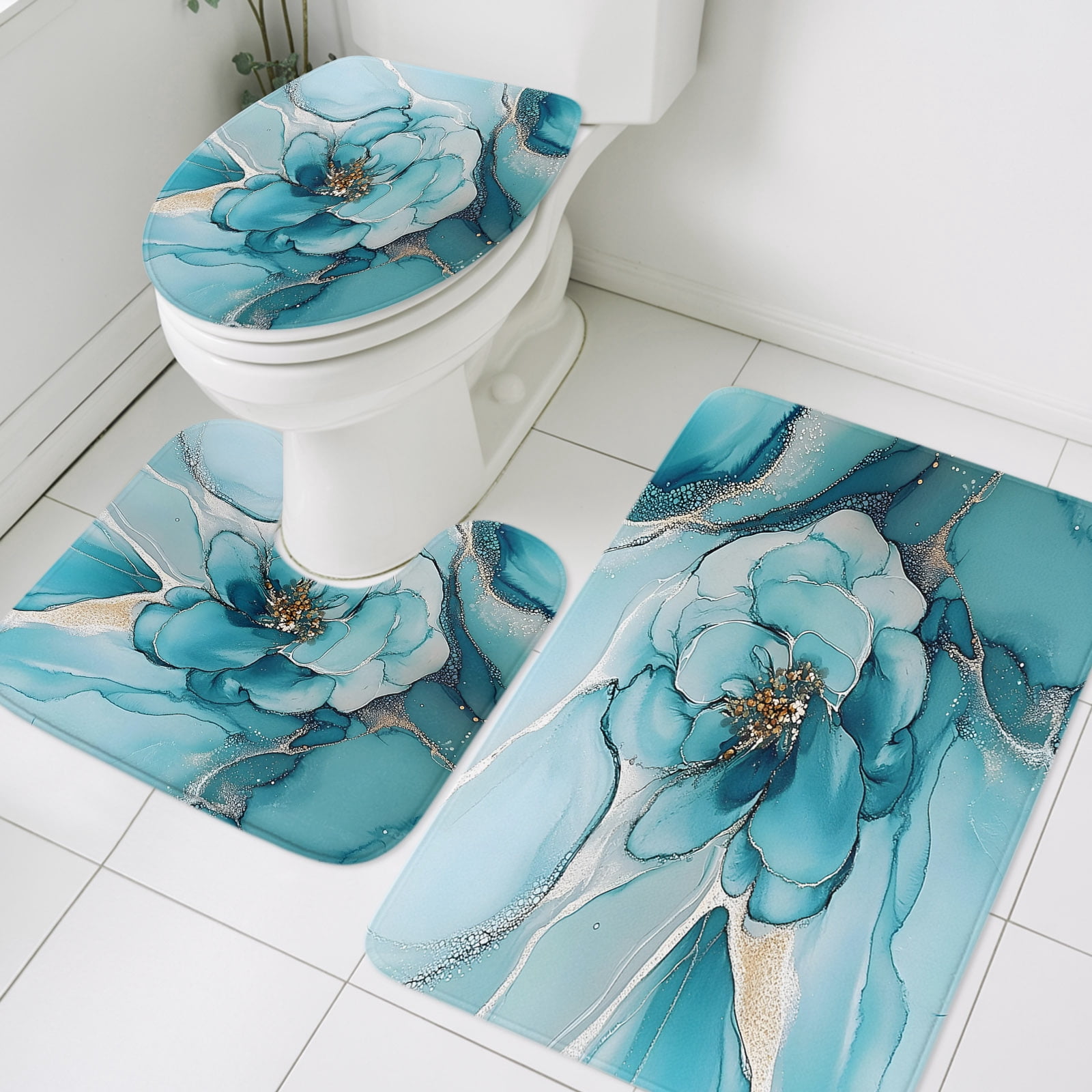 Abstract Marble Texture Bathroom Rugs Set Modern Blue Floral Non Slip ...
