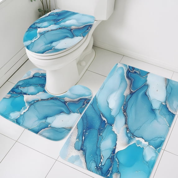Abstract Marble Texture Bathroom Rugs Set Modern Blue Gary Stripe Non ...