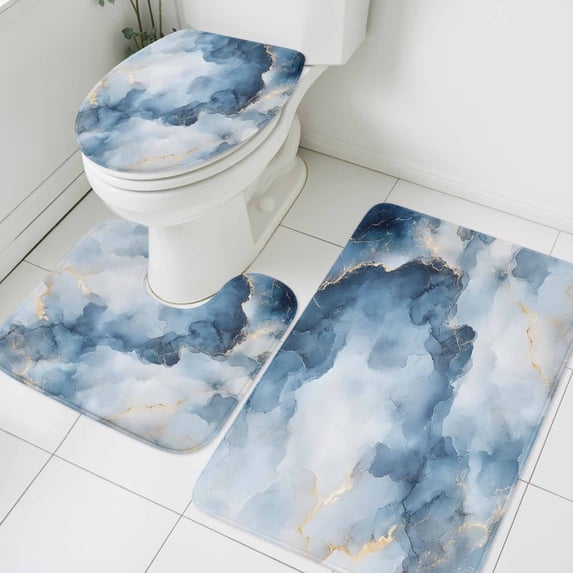 Abstract Marble Texture Bathroom Rugs Set Navy Blue Gradient Gold Crack ...