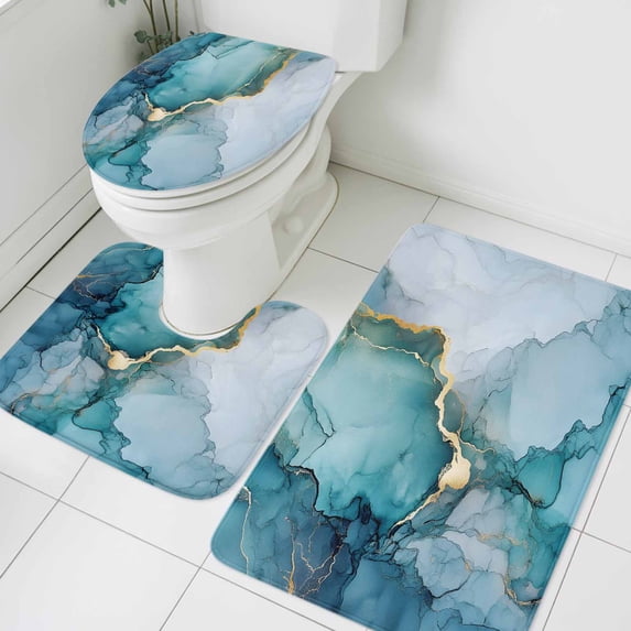 Abstract Marble Texture Bathroom Rugs Set Teal Blue Gradient Art Non ...