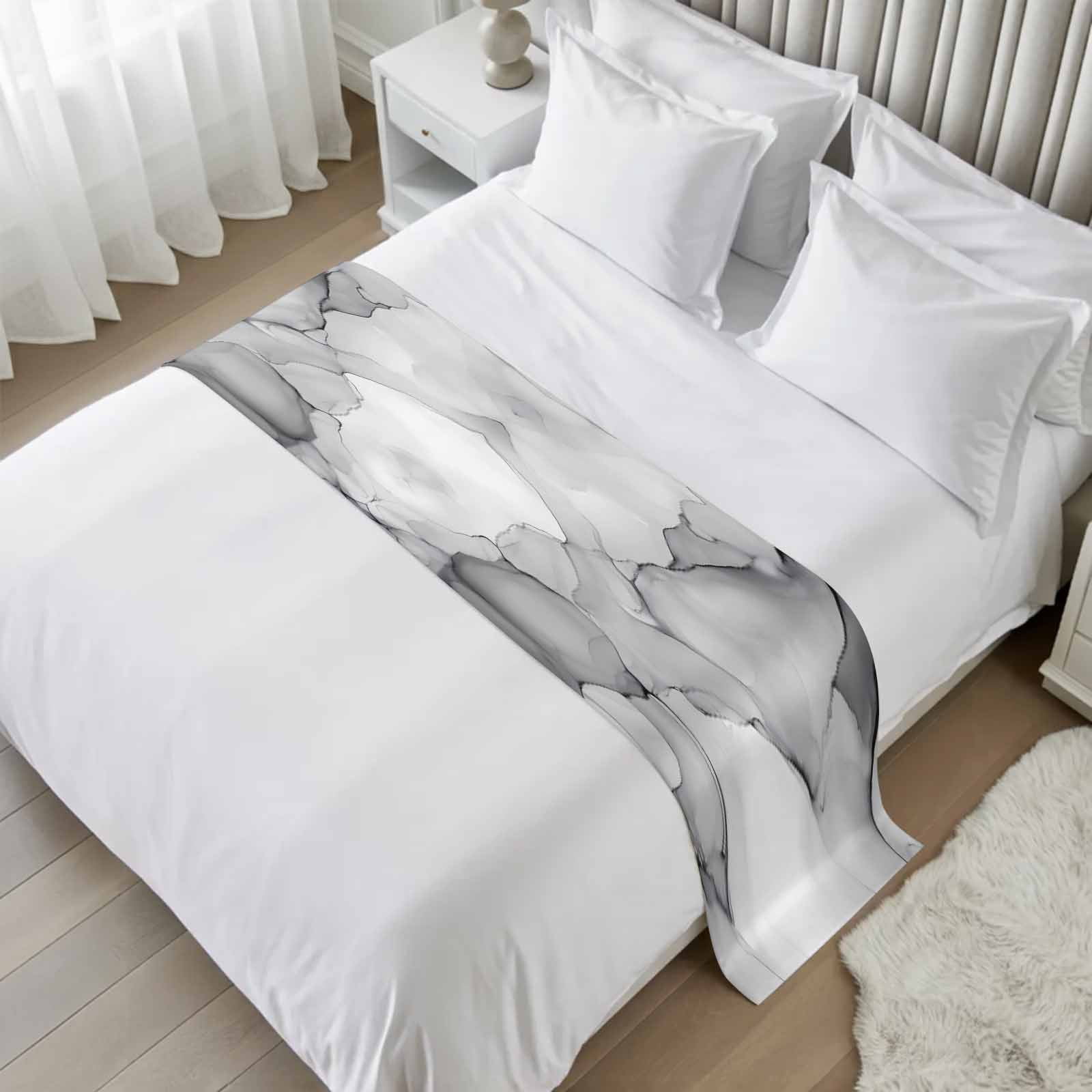 Abstract Marble Texture Bed Runner Scarf, Gradient Light Gray Queen Bed ...