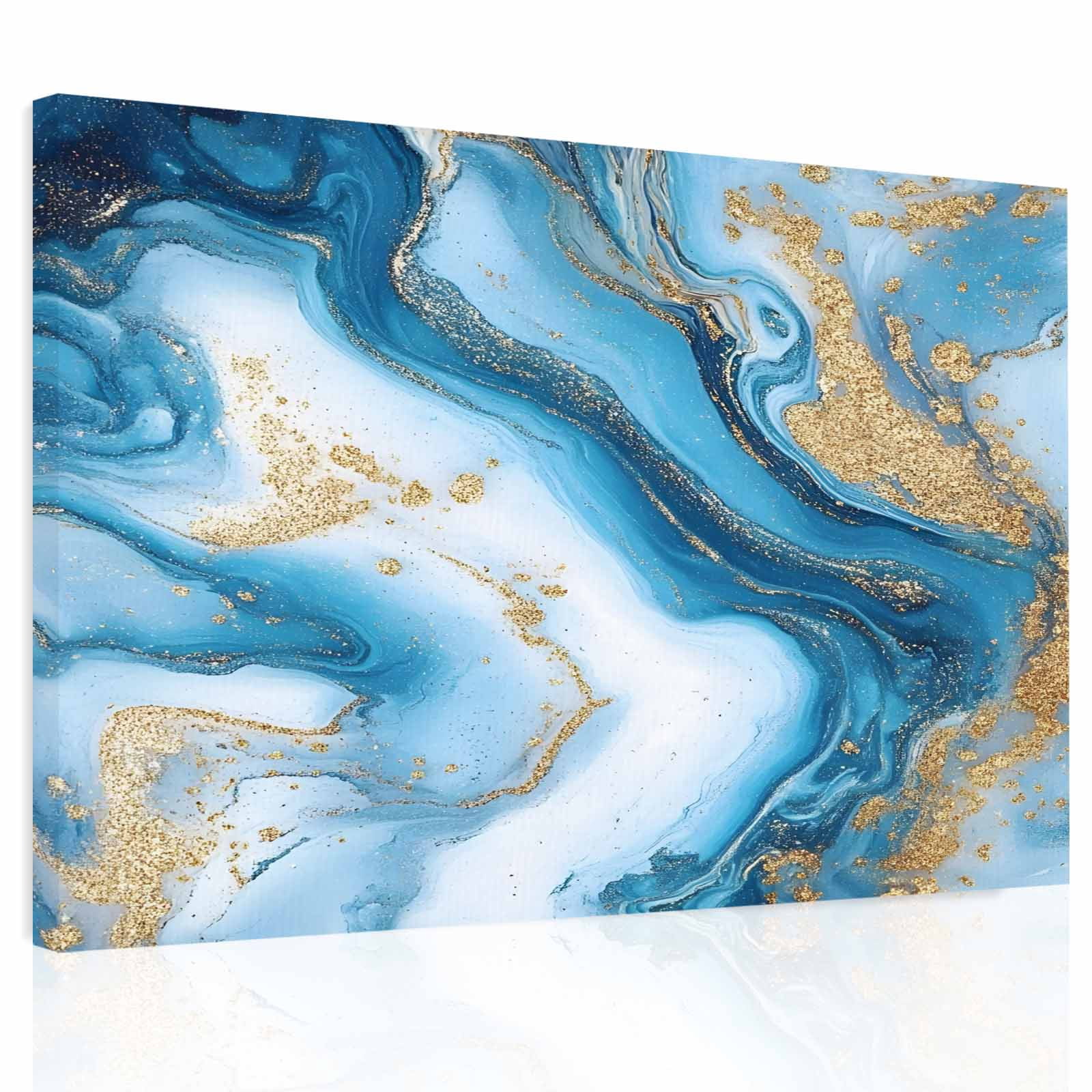 Abstract Marble Texture Canvas Print Wall Art, Blue Shinny Gold White ...