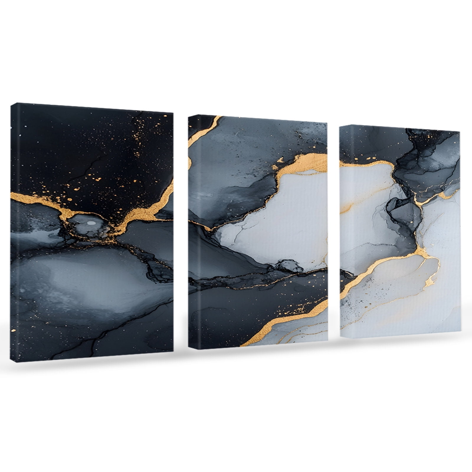 Abstract Marble Texture Canvas Wall Art 3 Panels, Gold Crack Black Gray ...