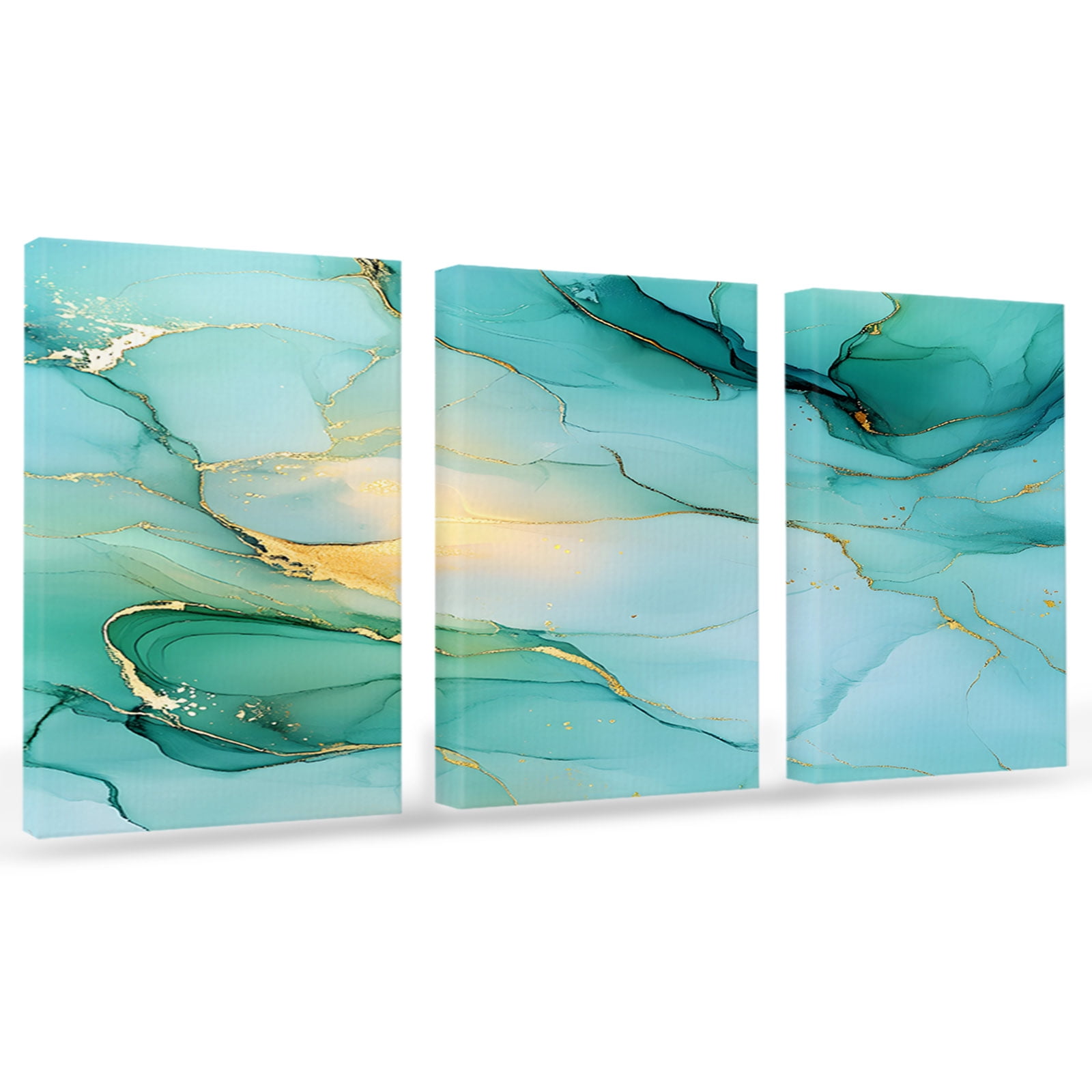 Abstract Marble Texture Canvas Wall Art 3 Panels, Gold Crack Teal Green ...