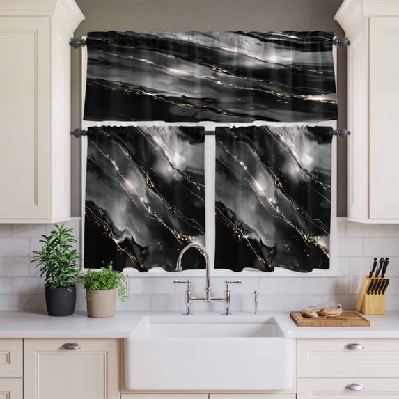 Abstract Marble Texture Curtain Tier and Valance Set 3 Piece,Black Grey ...