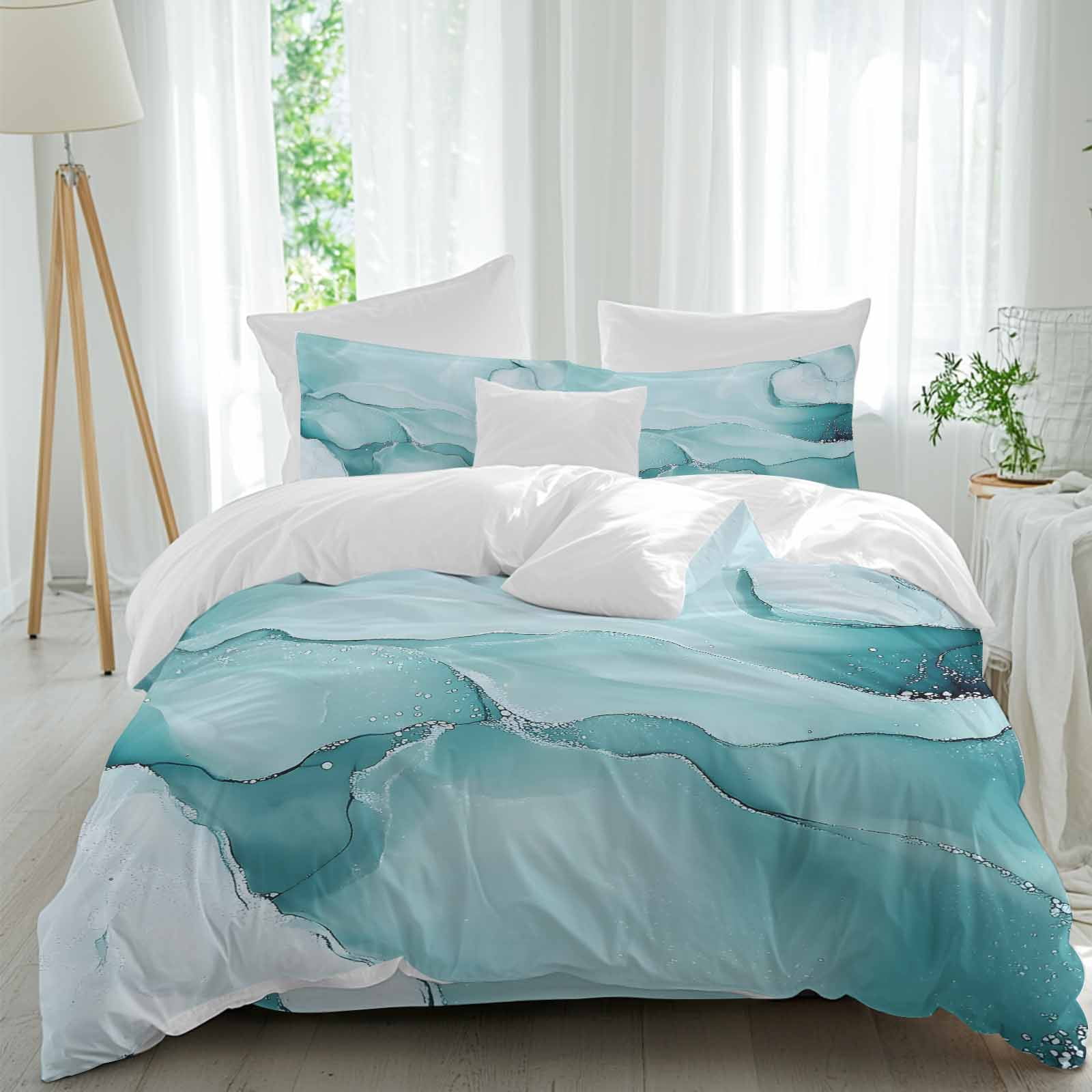 Abstract Marble Texture Duvet Cover Set Full Size, Blue Green Wavy ...