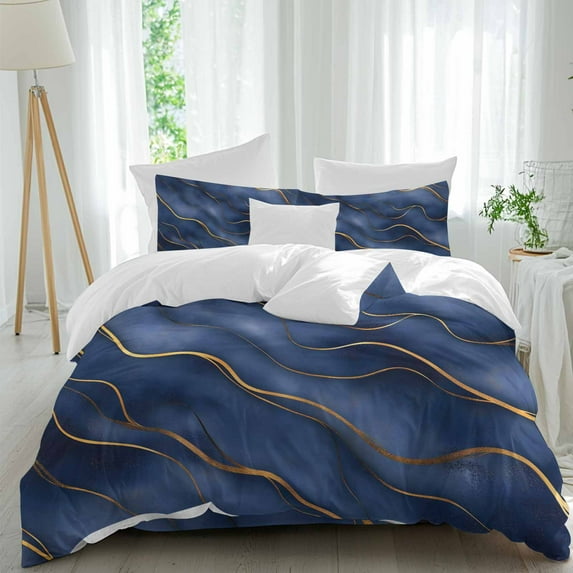 Abstract Marble Texture Duvet Cover Set Full Size Deep Blue Gold Wave ...