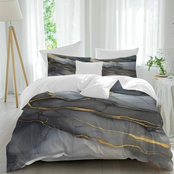 Abstract Marble Texture Duvet Cover Set Full Size, Grey Gold Crack ...