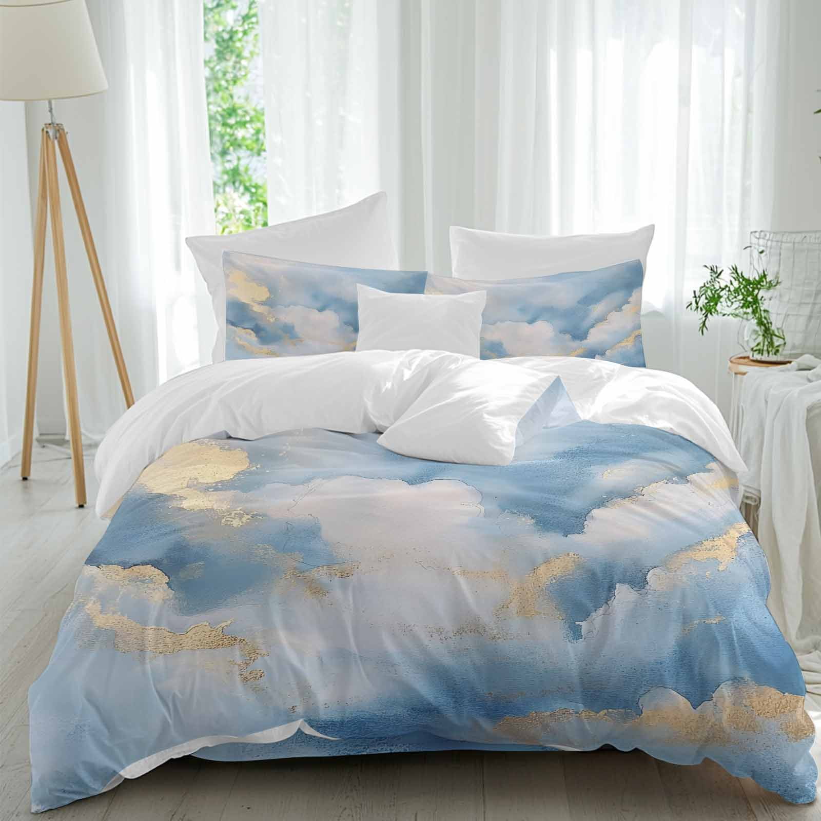 Abstract Marble Texture Duvet Cover Set King Size, Blue Golden Cloud ...