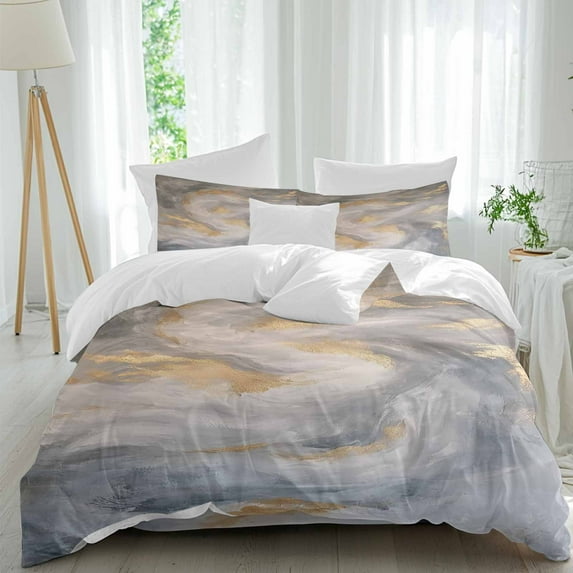 Abstract Marble Texture Duvet Cover Set Twin Size, Grey Gold Gradient ...