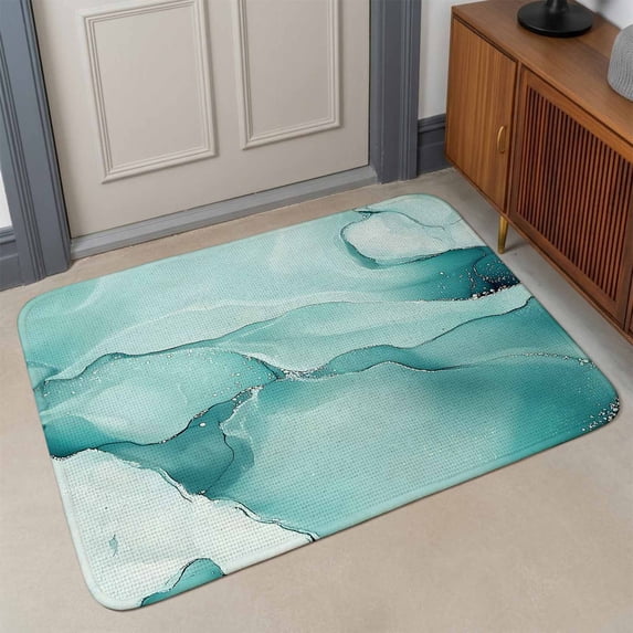 Abstract Marble Texture Front Door Mat Indoor Entrance, Blue Green Wavy ...
