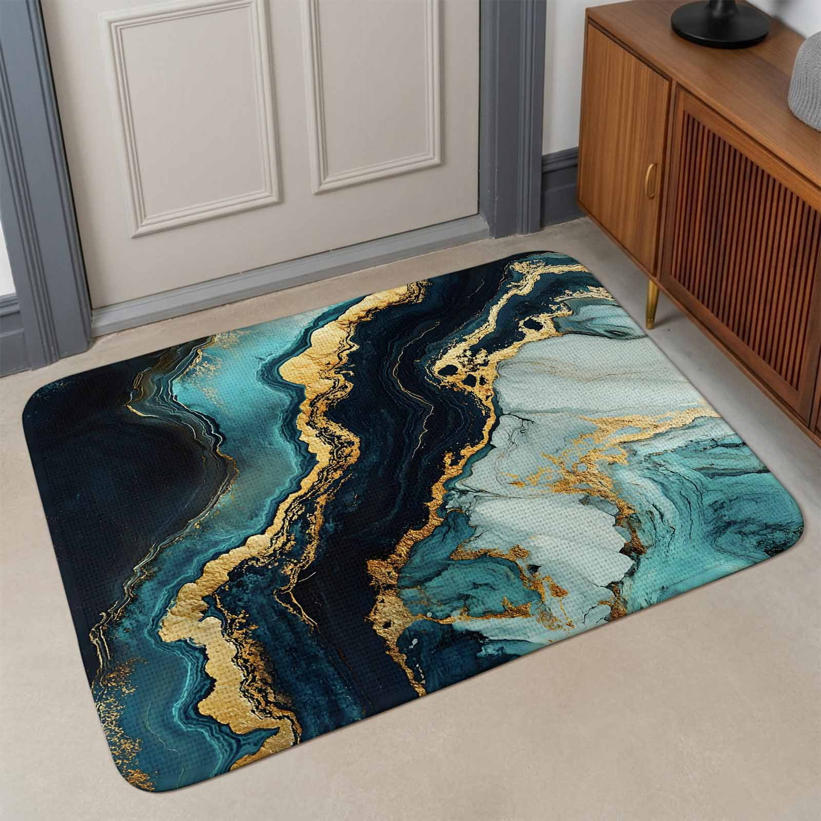 Abstract Marble Texture Front Door Mat Indoor Entrance, Teal Gold Black ...