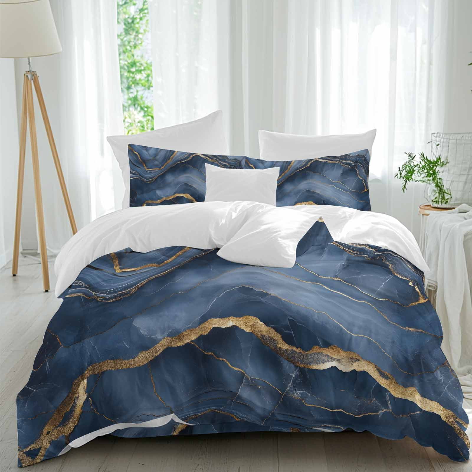 Abstract Marble Texture Full Duvet Cover Set, Blue Theme Gradient Gold ...