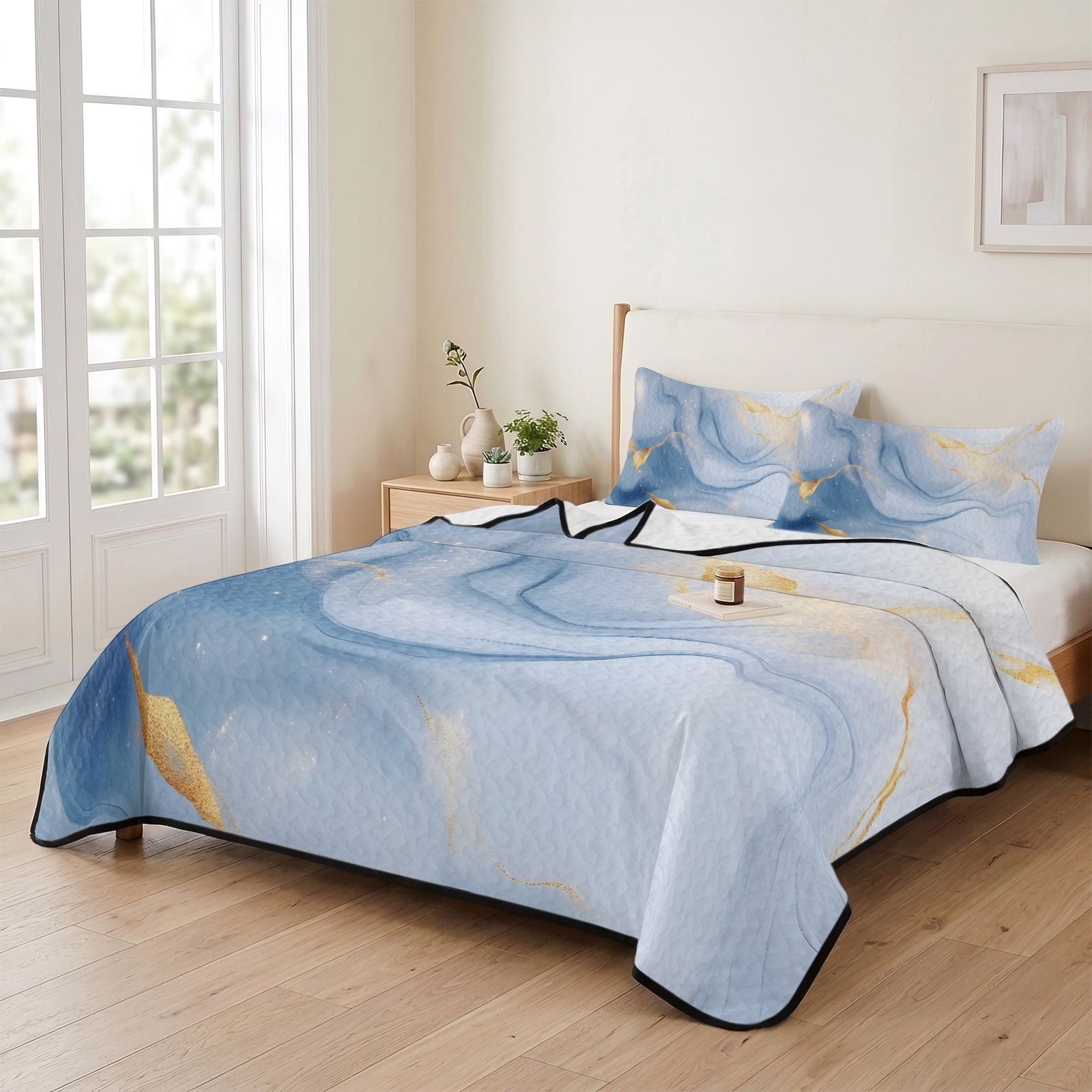 Abstract Marble Texture Gold Blue 3 Pieces Quilt Set,1 Quilt with 2 ...