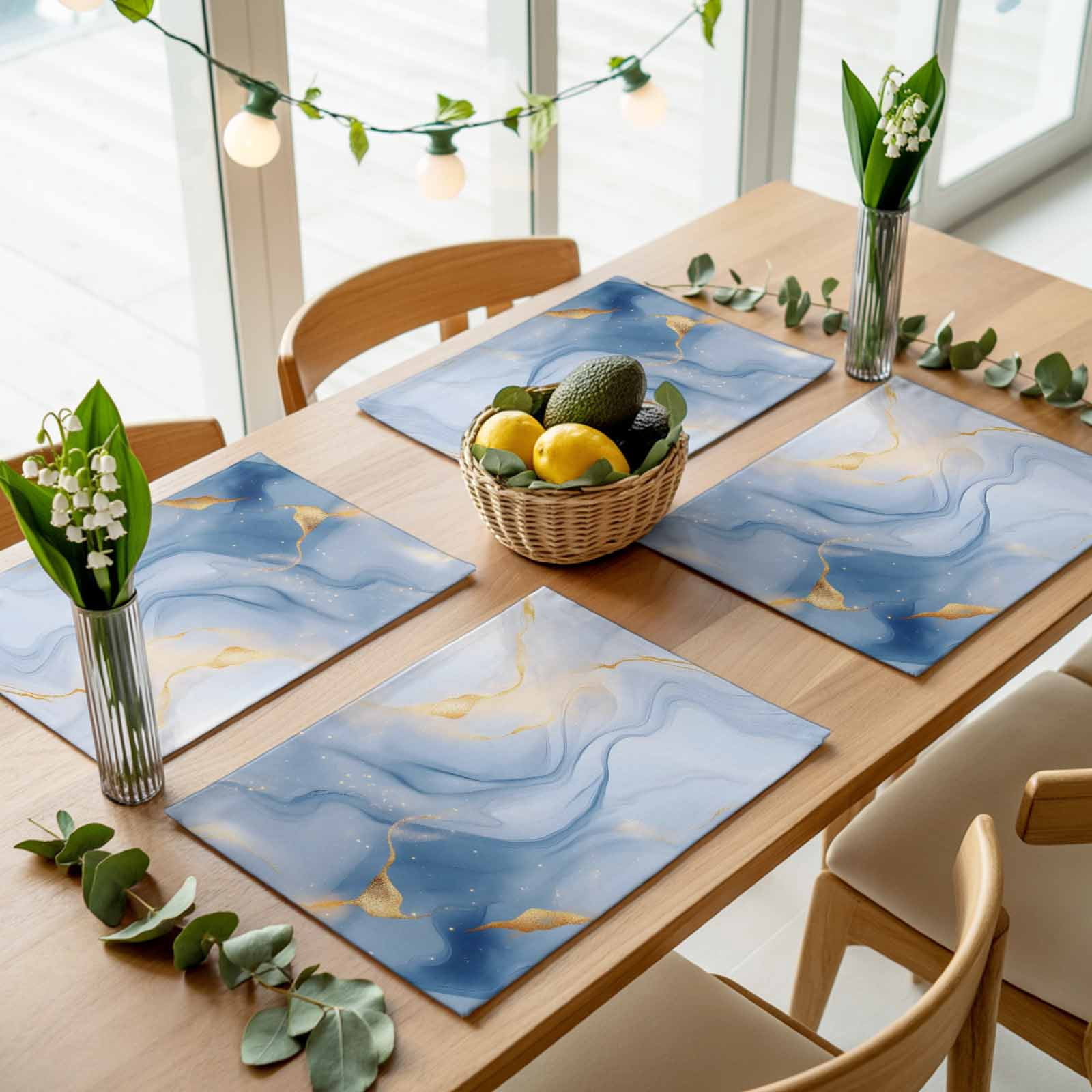 Abstract Marble Texture Gold Blue Placemats Set of 4,Wipeable Washable ...