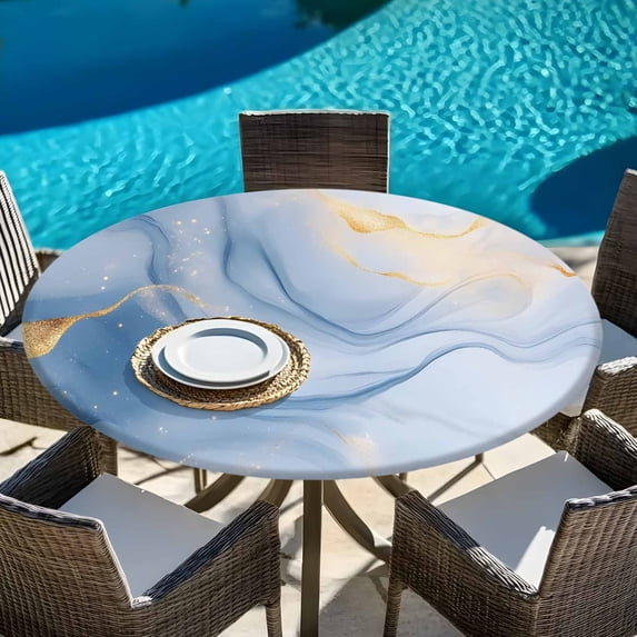 Abstract Marble Texture Gold Blue Round Fitted Tablecloth with Elastic ...