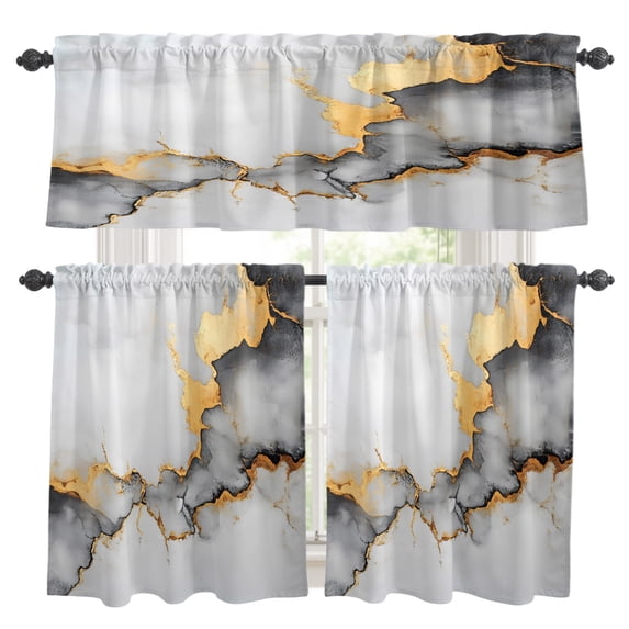 Abstract Marble Texture Kitchen Curtains Set for Windows, Grey White ...