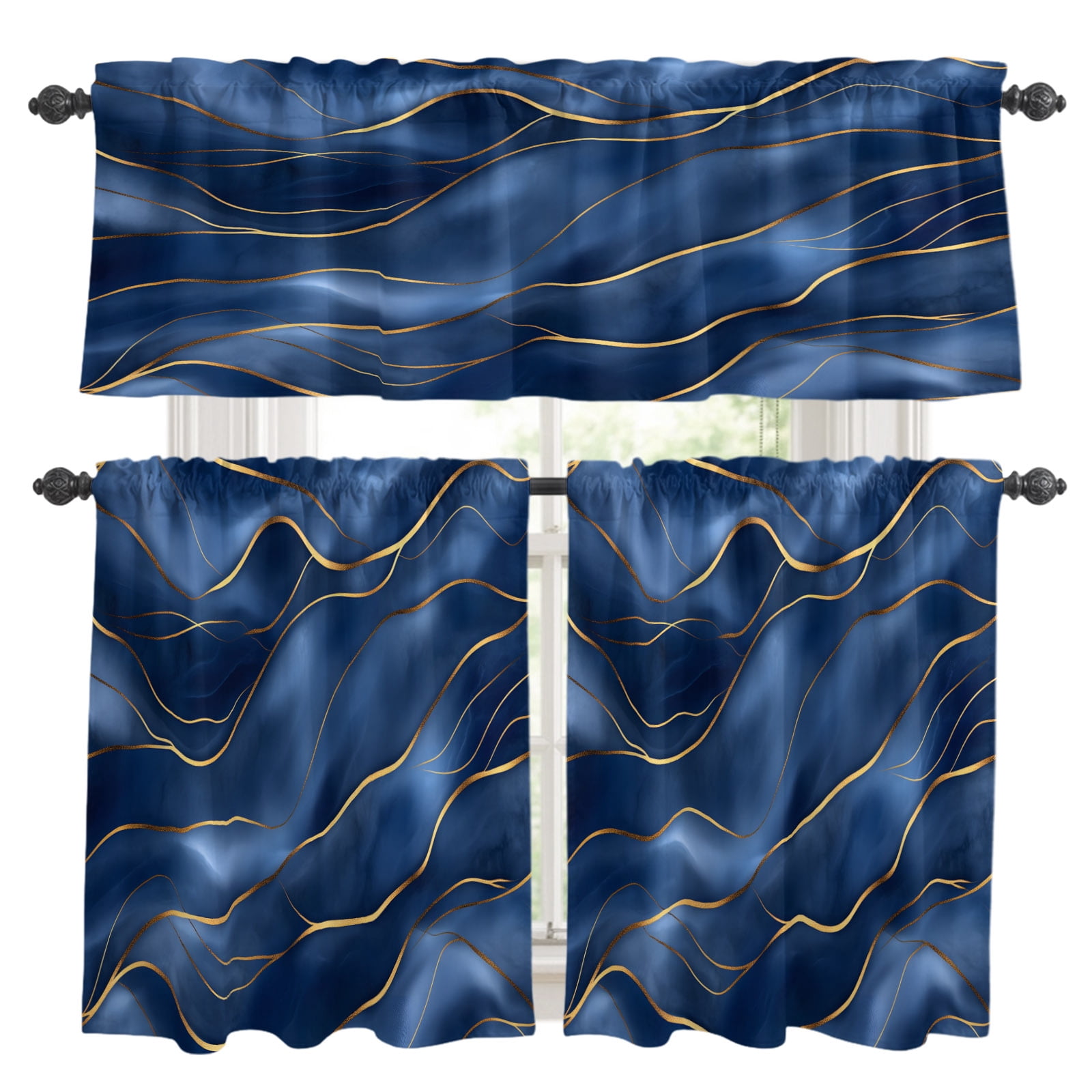 Abstract Marble Texture Kitchen Curtains Valance and Tier Set Blue Gold ...