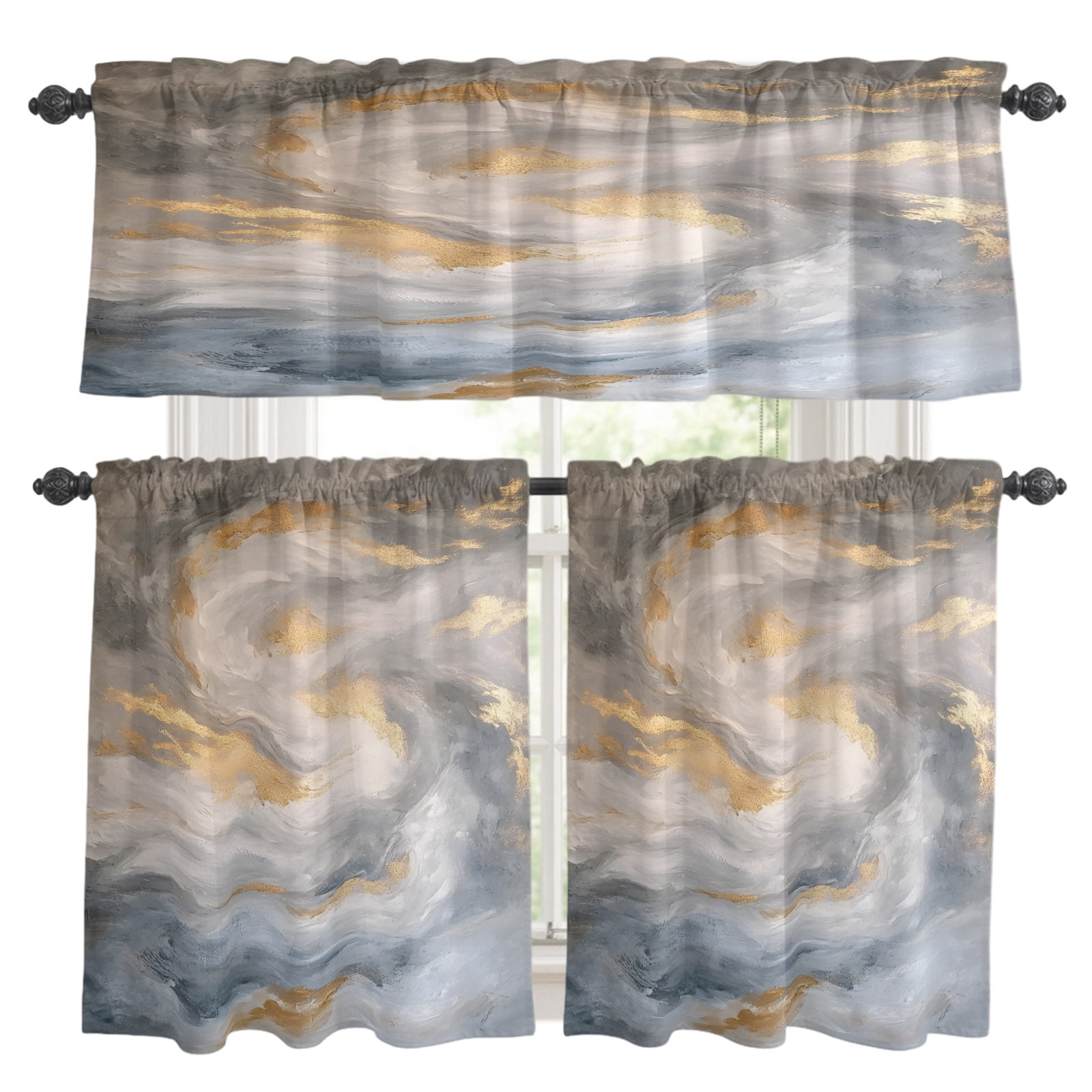 Abstract Marble Texture Kitchen Curtains Valance and Tier Set Grey Gold ...