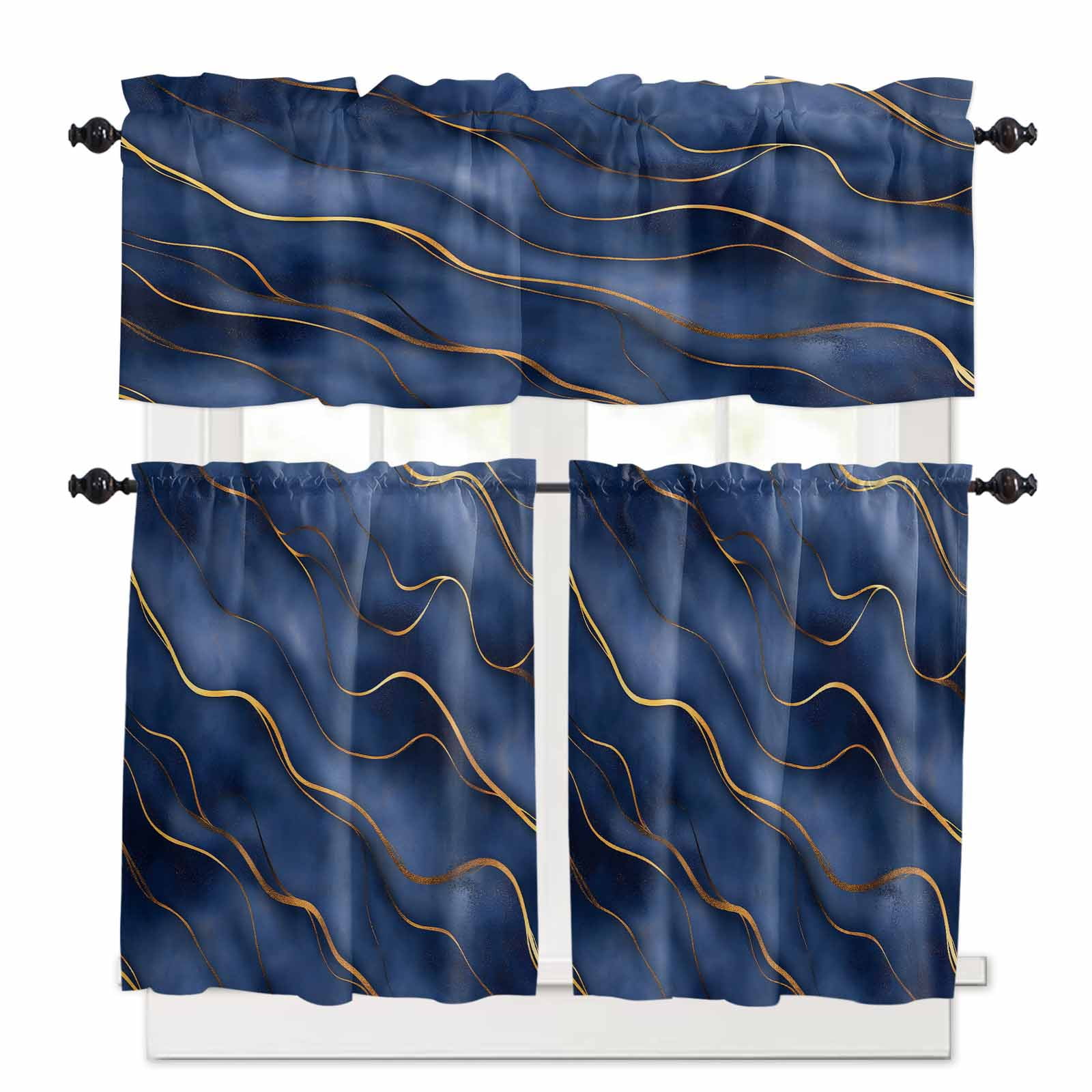 Abstract Marble Texture Kitchen Curtains and Valances Set, Deep Blue ...