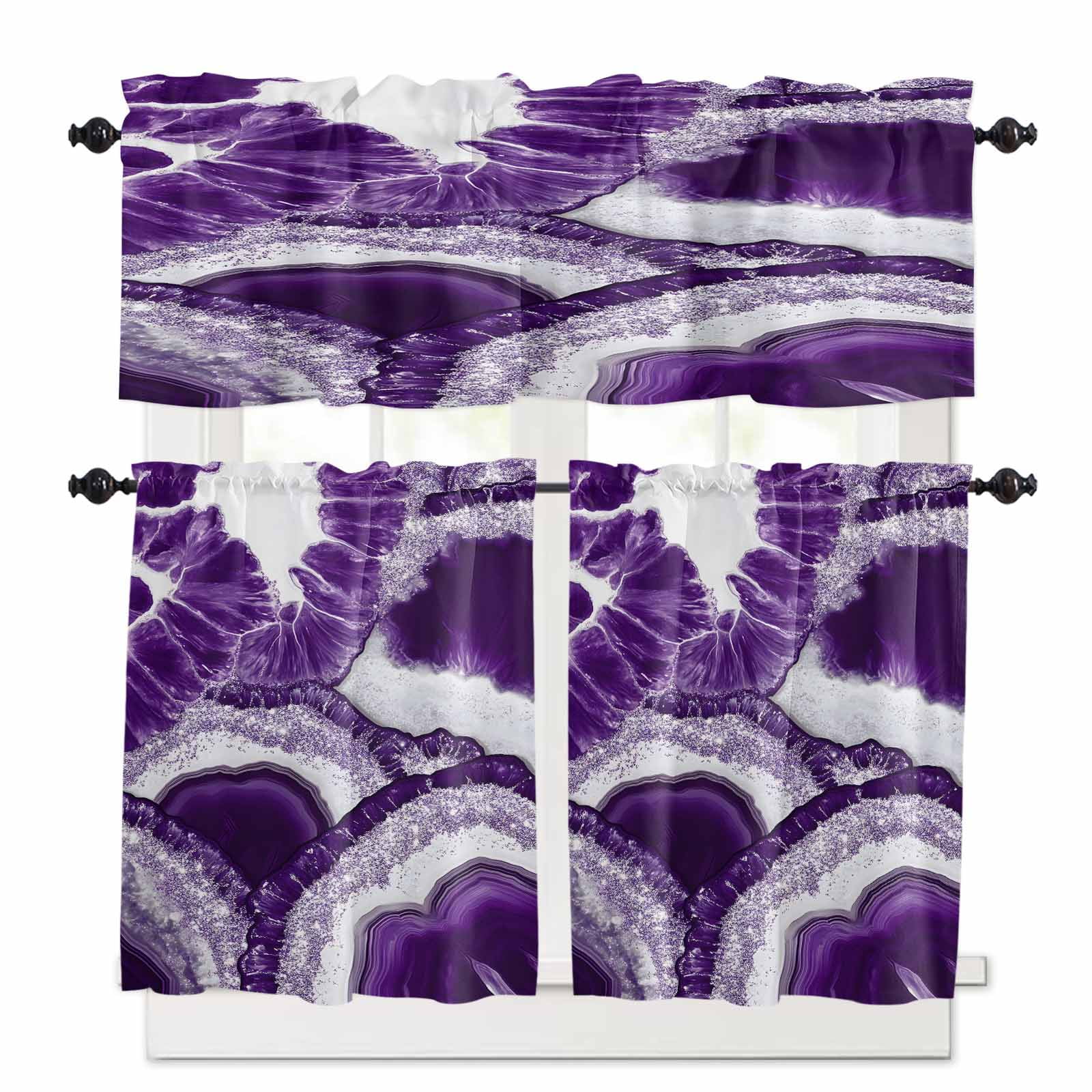 Abstract Marble Texture Kitchen Curtains and Valances Set, White Dark ...