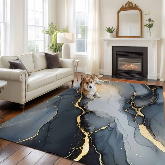 Abstract Marble Texture Large Area Rugs 5x8 ft Grey Shinny Gold ...