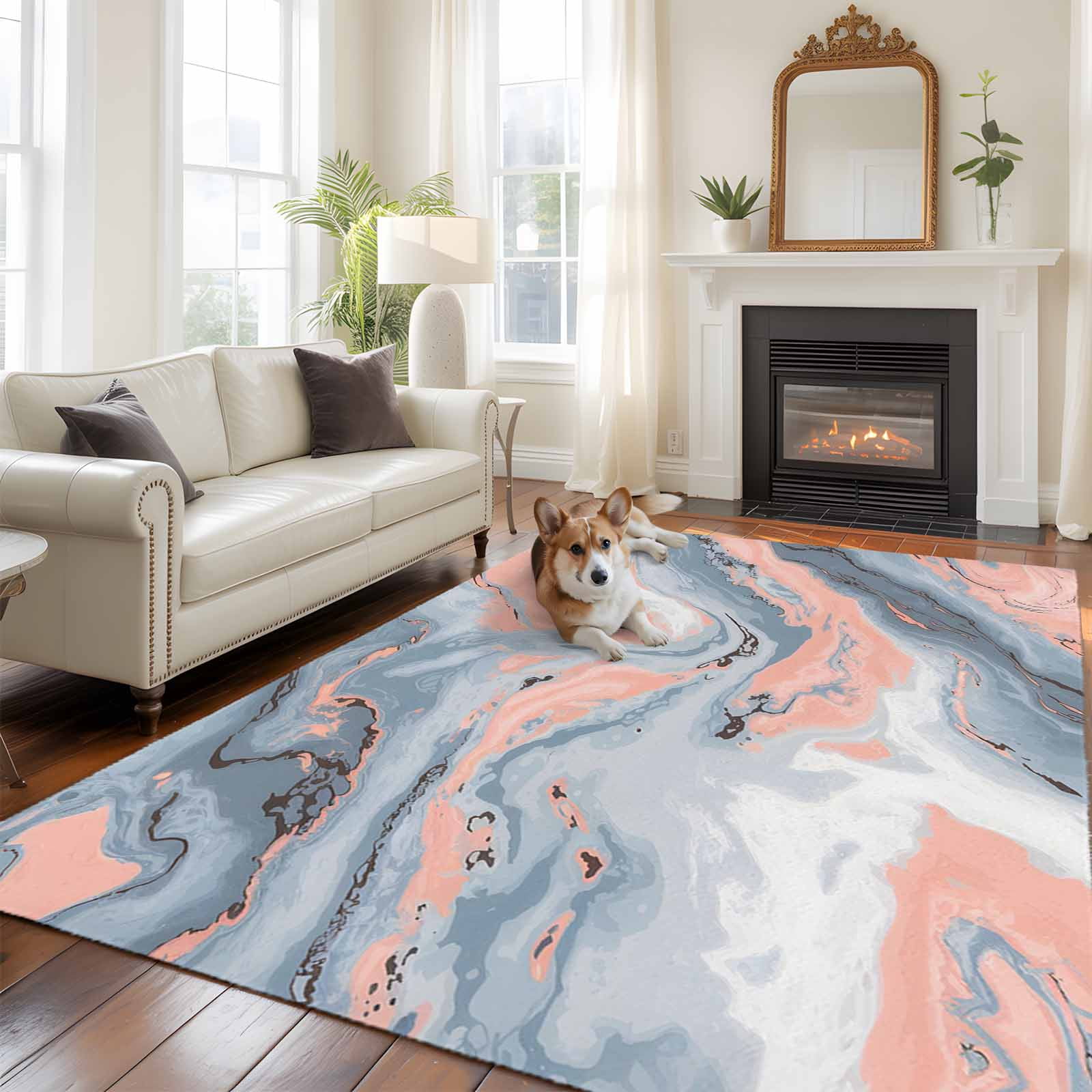 Abstract Marble Texture Large Area Rugs 6x9 ft Coral Pink Grey Blue ...