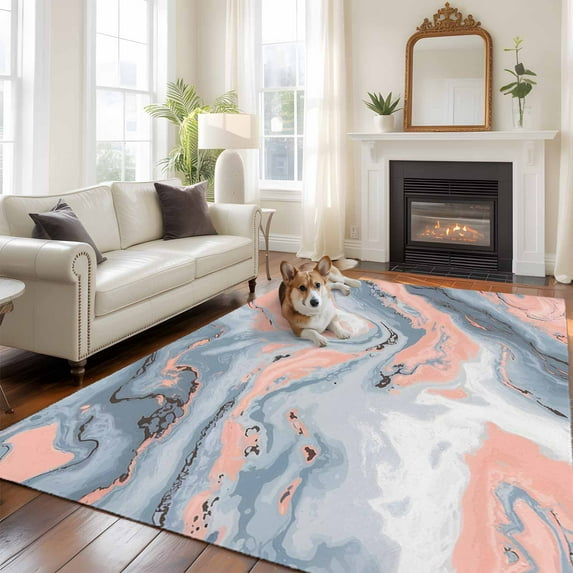 Abstract Marble Texture Large Area Rugs 6x9 ft Coral Pink Grey Blue ...