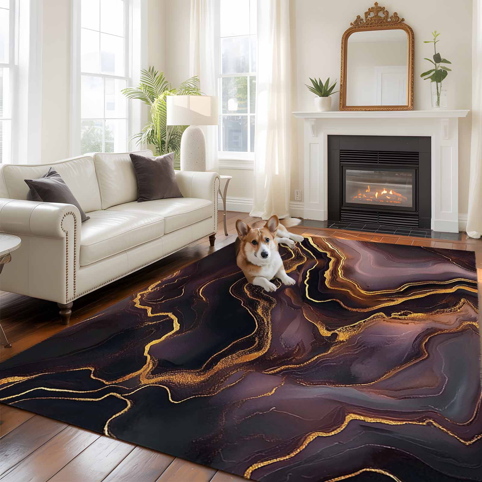 Abstract Marble Texture Large Area Rugs 8x10 ft Purple Gold Waves Art ...
