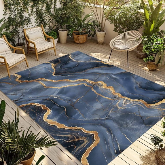 Abstract Marble Texture Outdoor Rug, Blue Gradient Gold Wave Art Non ...