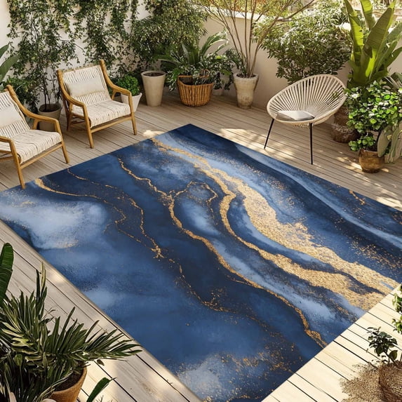 Abstract Marble Texture Outdoor Rug, Blue Gradient Theme Gold Wave Art ...