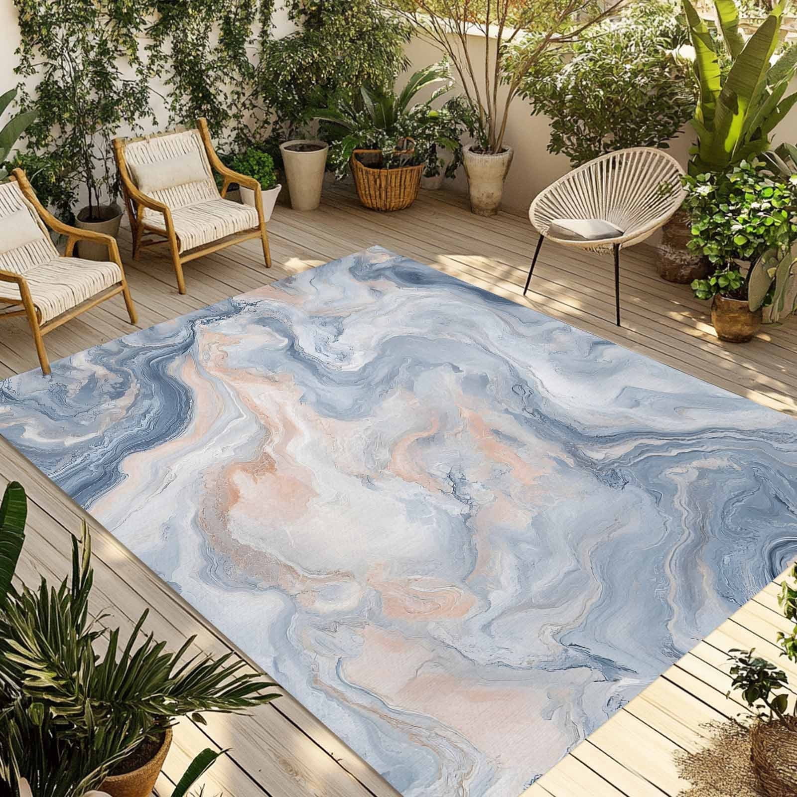 Abstract Marble Texture Outdoor Rug, Blue Gray Tone Vortex Effect Non ...
