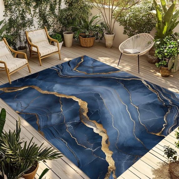 Abstract Marble Texture Outdoor Rug, Blue Theme Gradient Gold Wave Art ...