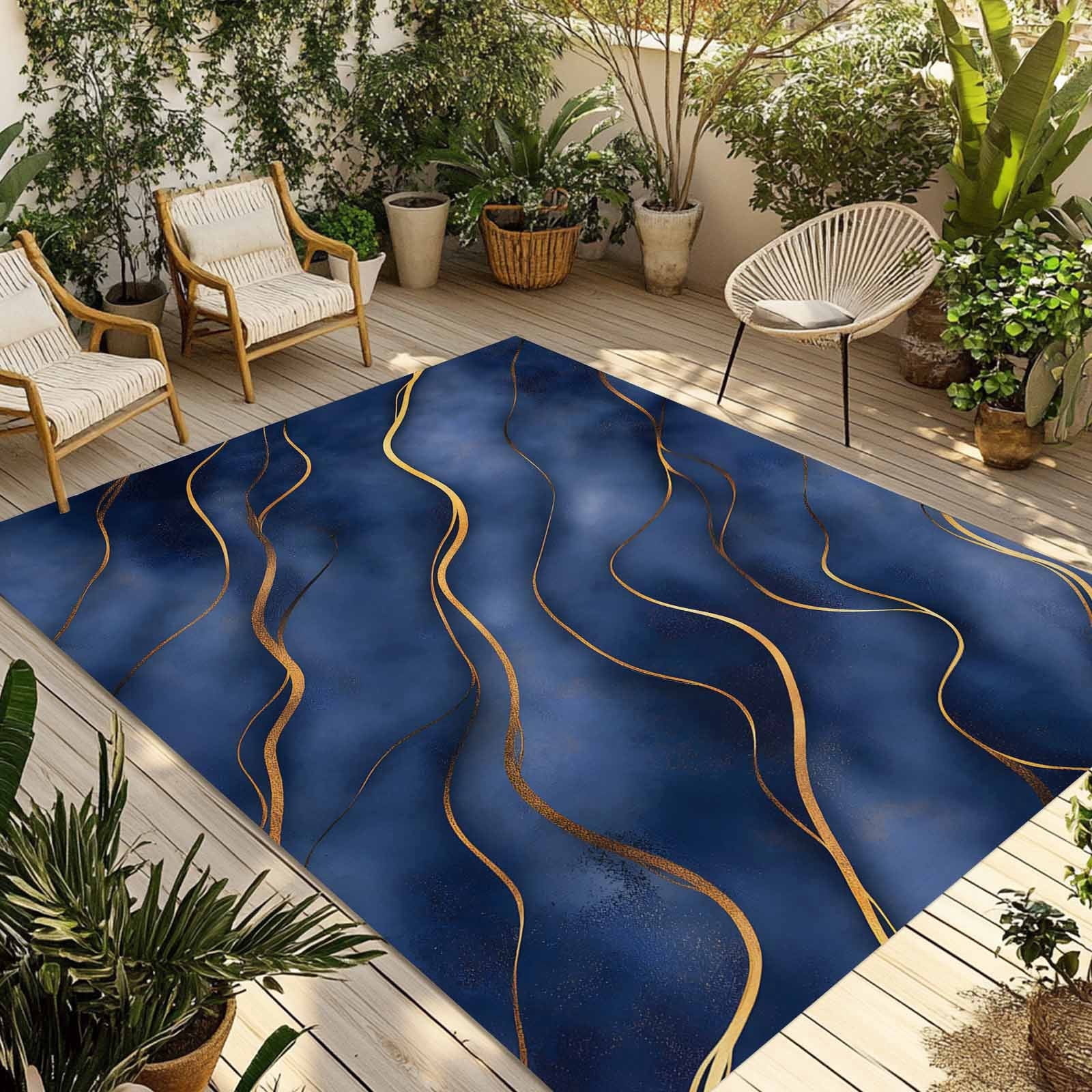Abstract Marble Texture Outdoor Rug, Deep Blue Gold Wave Art Non-Slip ...