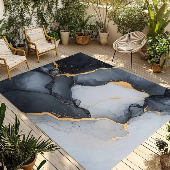 Abstract Marble Texture Outdoor Rug, Gold Crack Black Gray Gradient Art ...