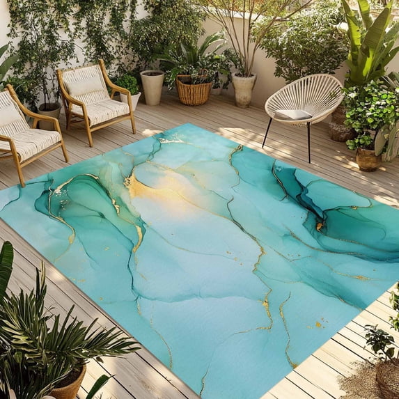 Abstract Marble Texture Outdoor Rug, Gold Crack Teal Green Gradient Art ...