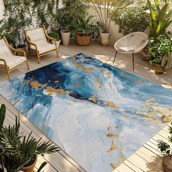 Abstract Marble Texture Outdoor Rug, Green Gold Waves Gradient Non-Slip ...