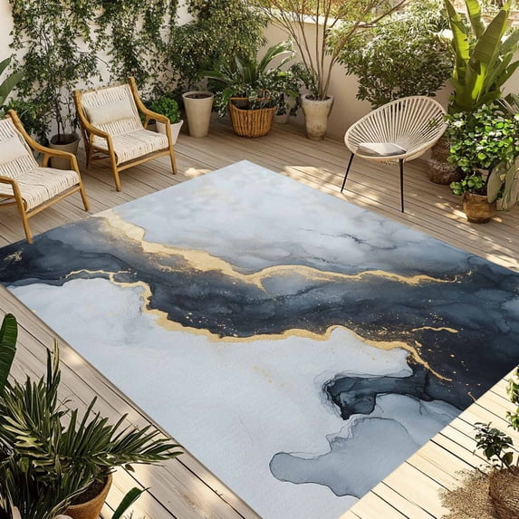 Abstract Marble Texture Outdoor Rug, Grey Black Gradient Gold Crack Art ...