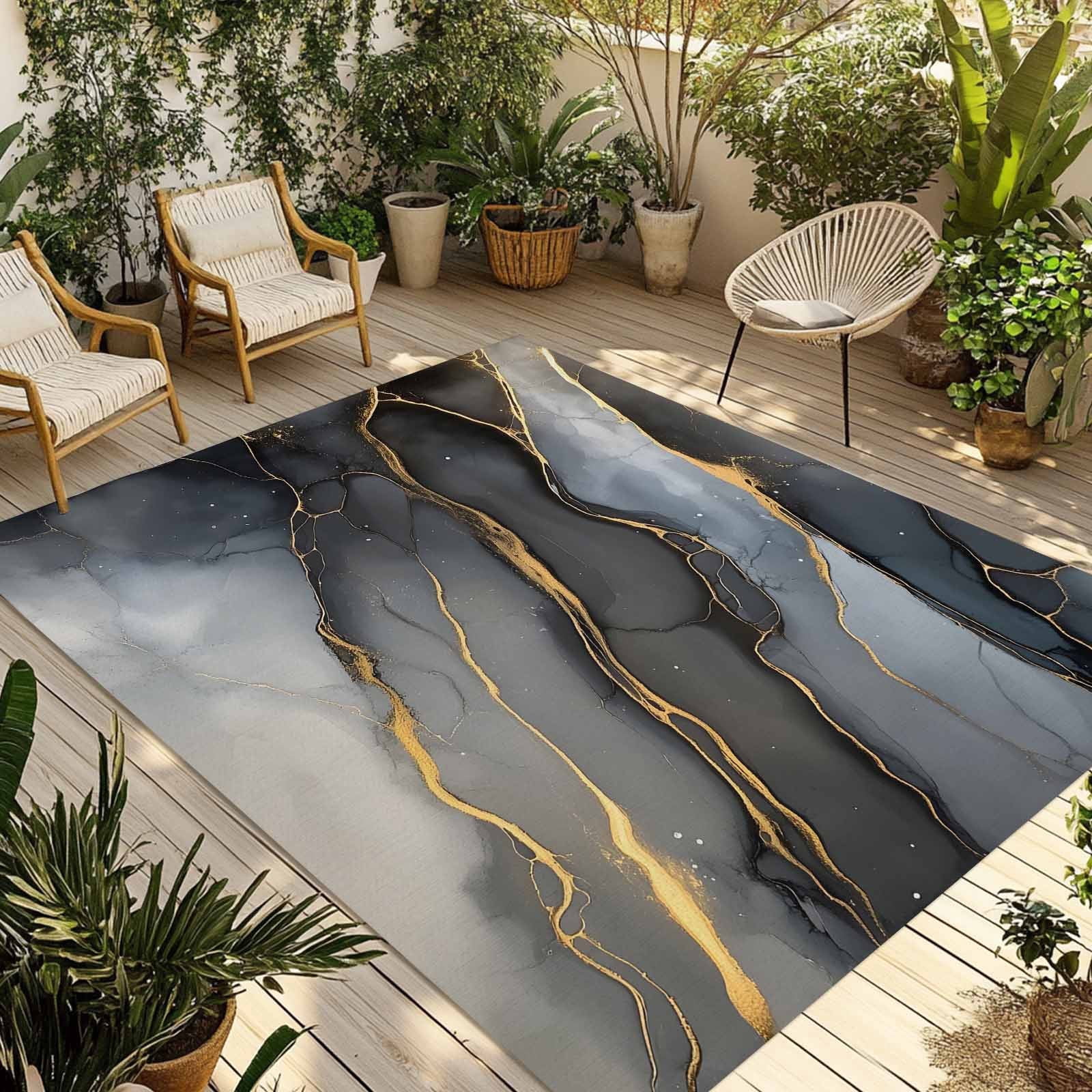 Abstract Marble Texture Outdoor Rug, Grey Gold Crack Gradient Non-Slip ...